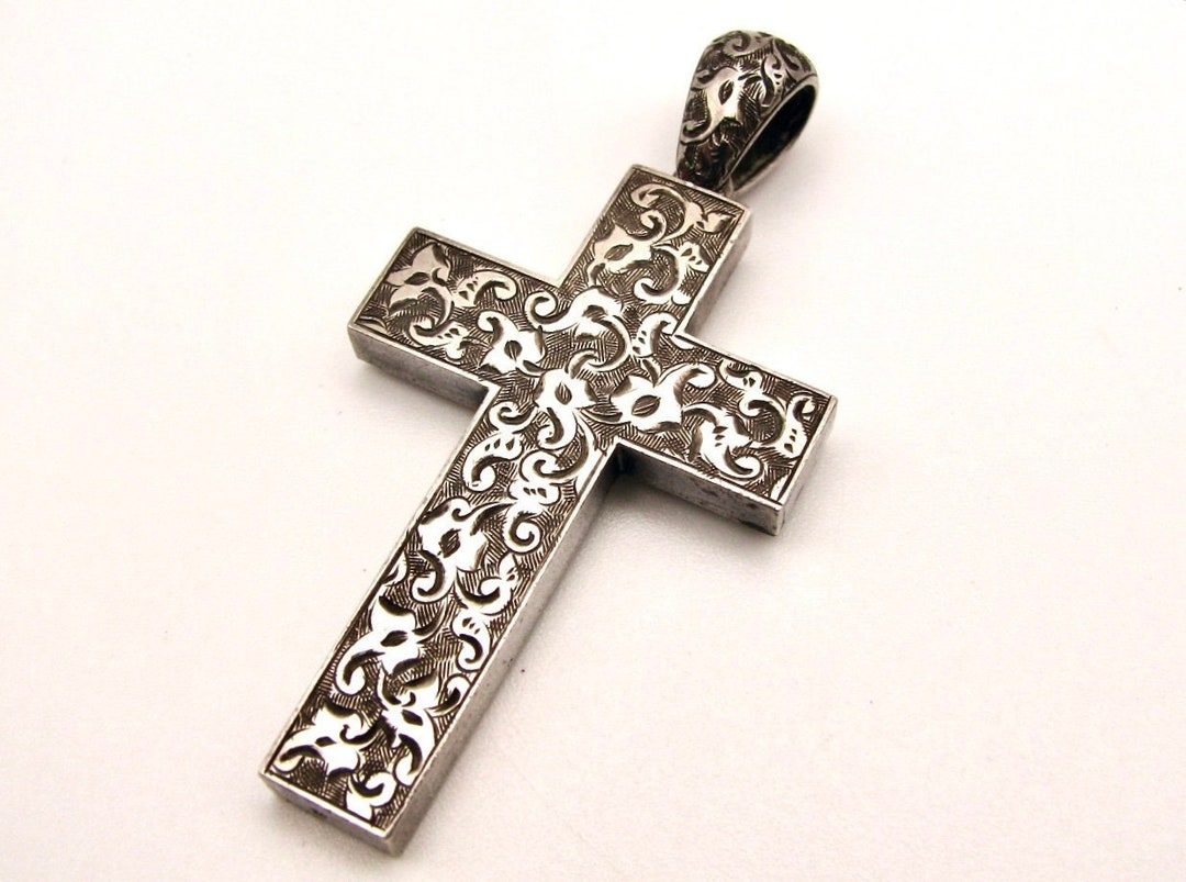 Antique Cross Sterling Silver Hand Etched Floral Christian Pendant ...