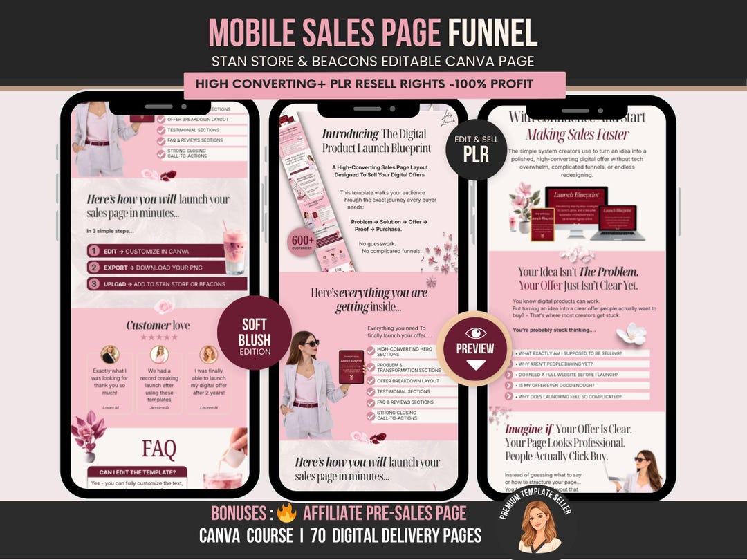 Mobile Sales Page Funnel Canva Template PLR, Stan Store Beacons Sales ...