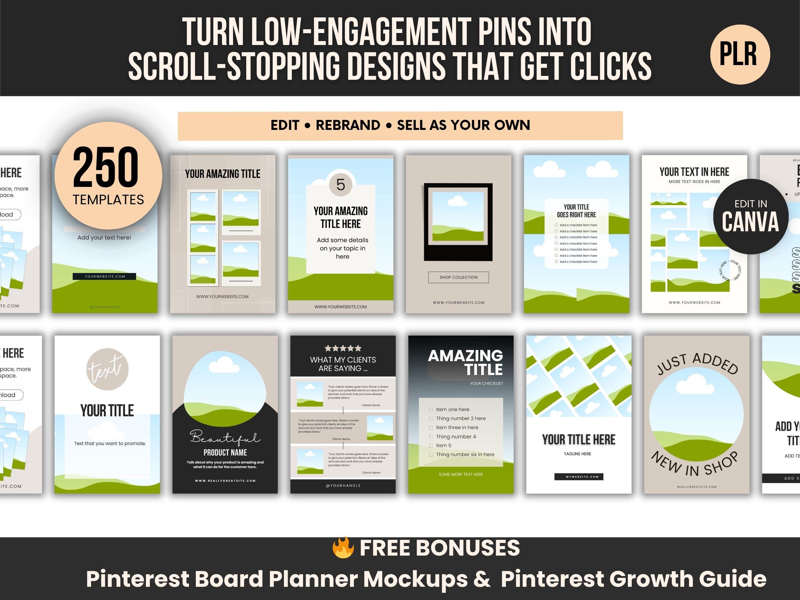 250 Pinterest Pin Templates Canva PLR, Editable Pin Template Bundle ...