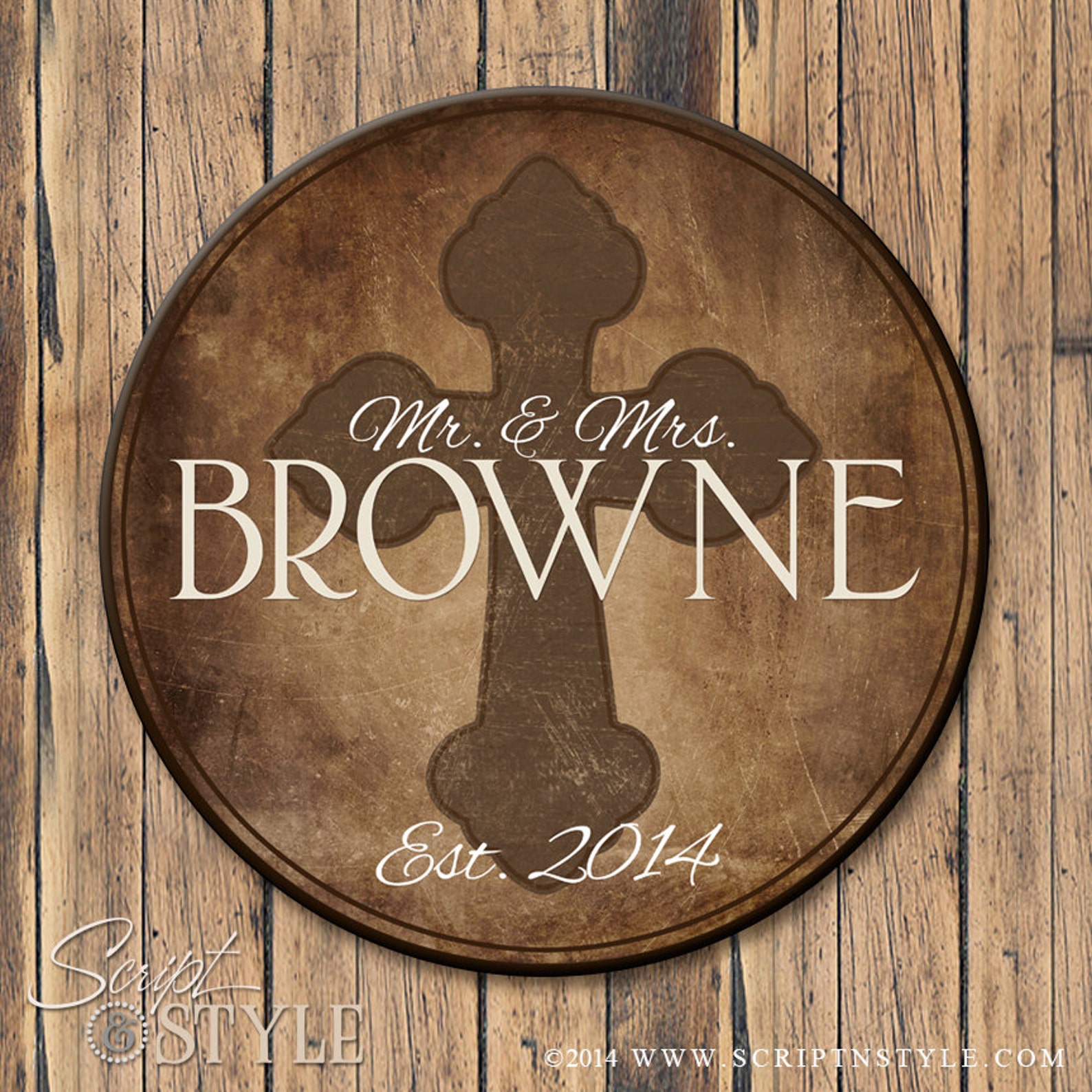 Round Personalized Family Name Sign, Family Established Sign With Cross ...