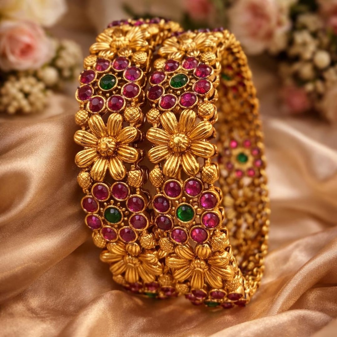 South Indian Temple Style Floral Bangles Gold Tone | Traditional ...