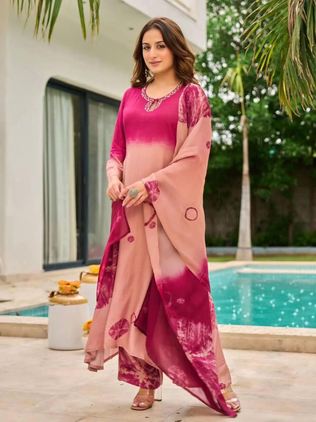 Chinon Silk Kurta Palazzo Set: Embroidered Indian 3-piece Suit - Etsy