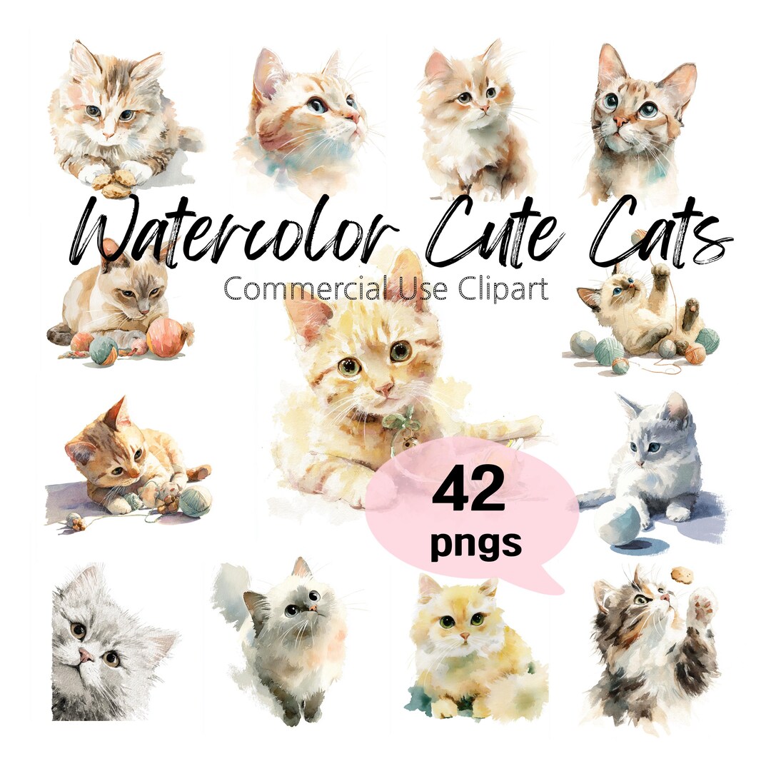 Watercolor Cat Clipart Set | Cute Cat PNG | Pastel Cat Illustrations ...