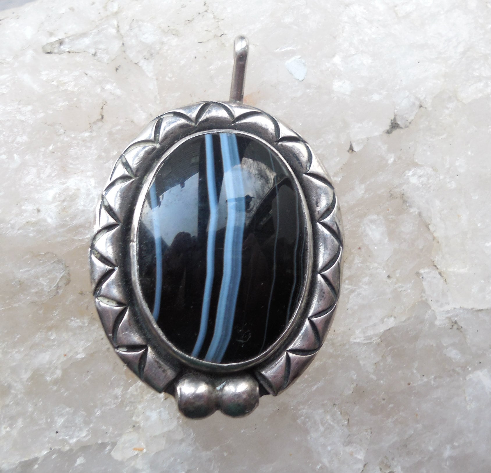 Black Lace Agate and Sterling Silver Pendant, Hand Crafted Vintage ...