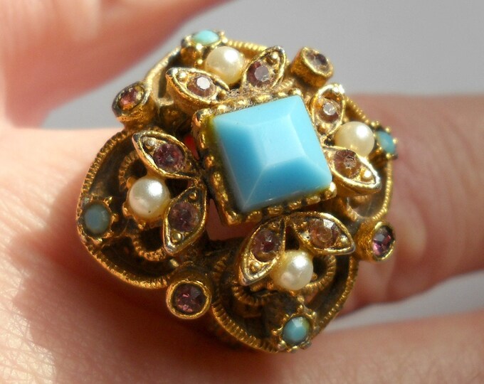 Vintage Florenza Ring Adjustable, Gold, Rhinestones, Turquoise - Etsy