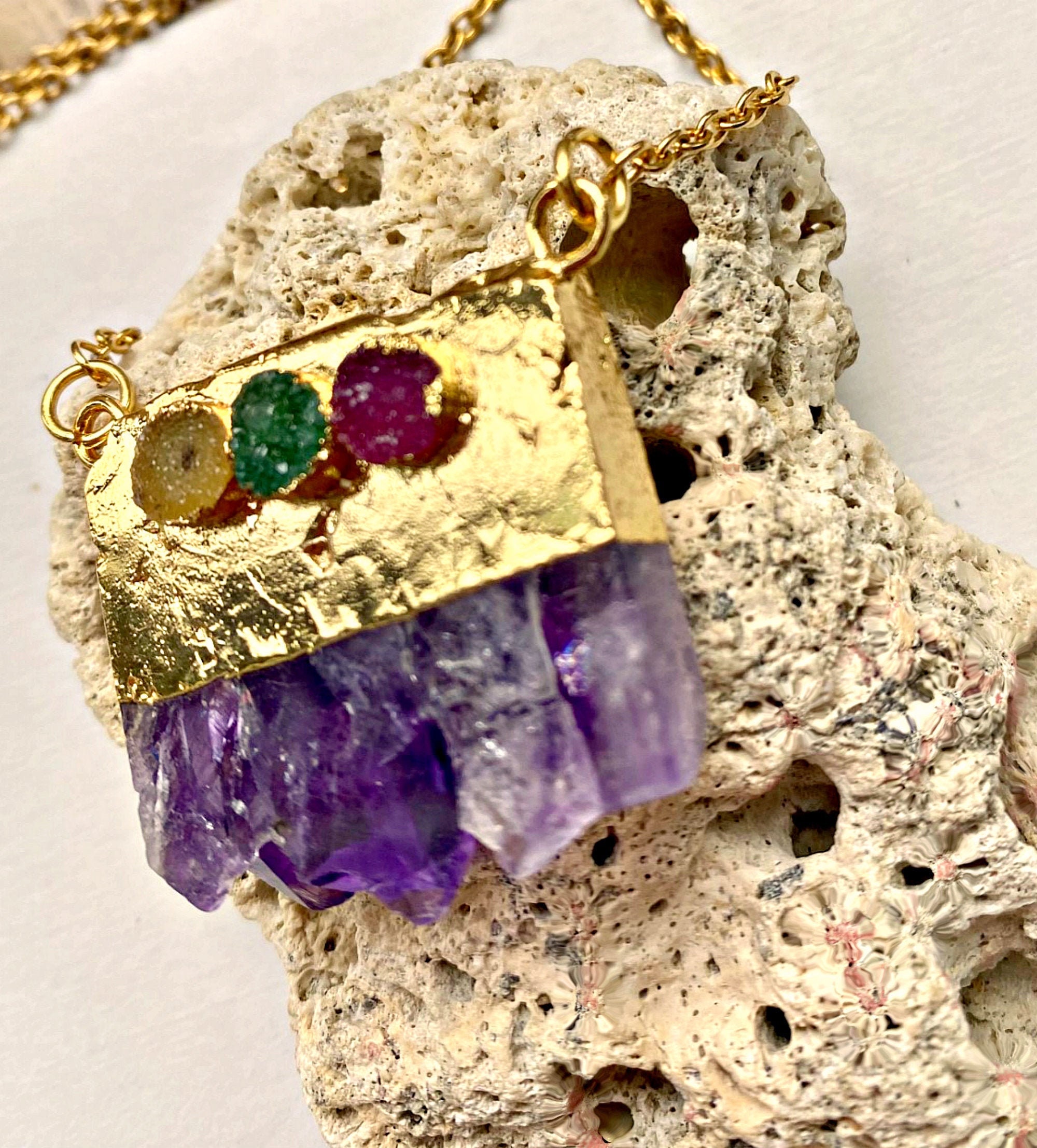 Amethyst Crystal Slice Stalactite and Druzy Necklace in 24K - Etsy