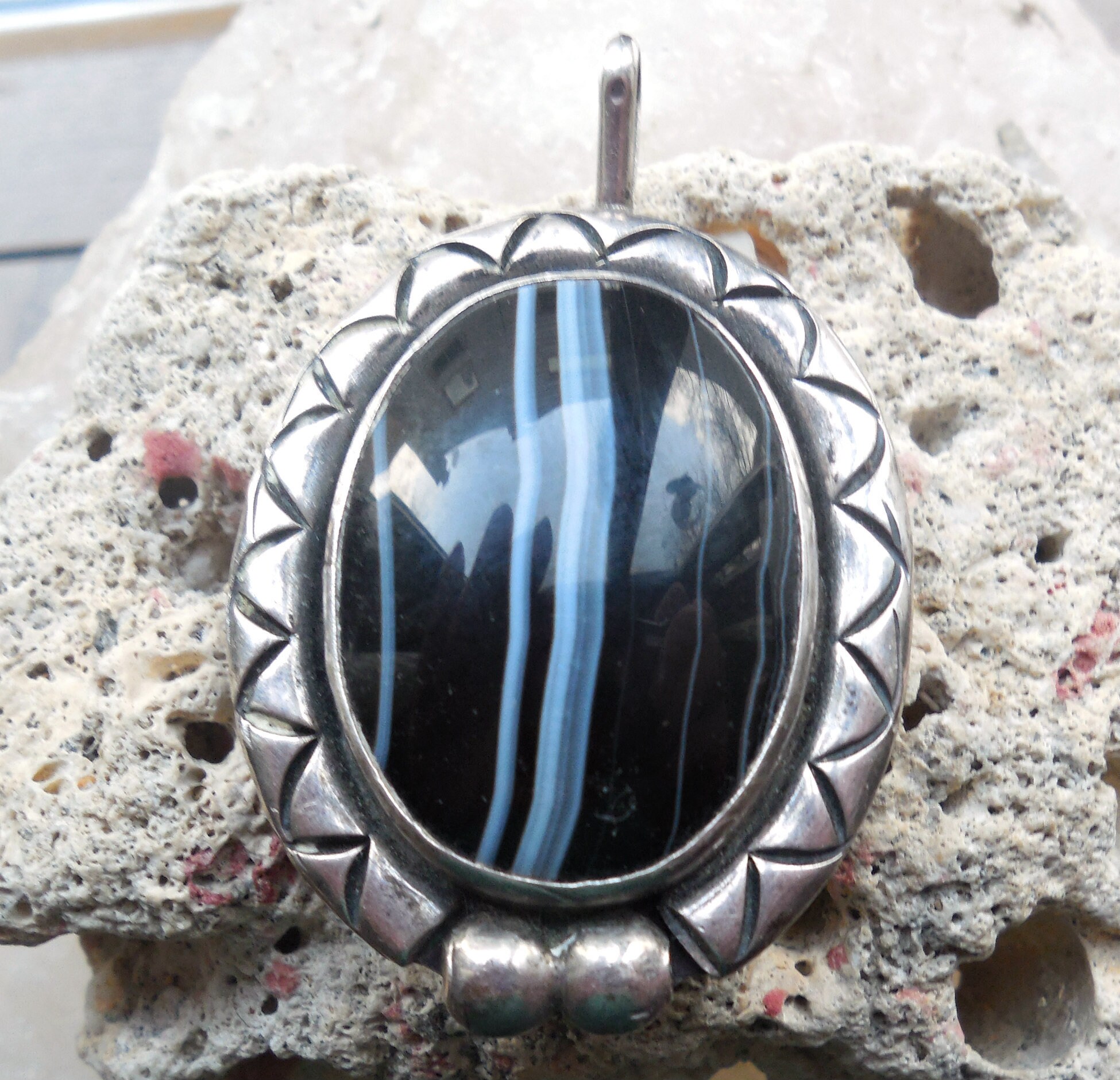 Black Lace Agate and Sterling Silver Pendant, Hand Crafted Vintage ...