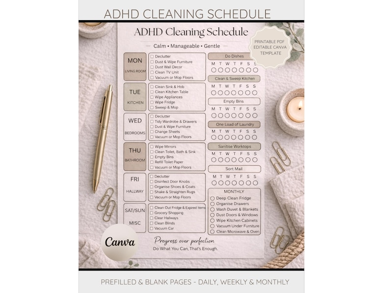 ADHD Cleaning Schedule Editable Canva Planner Daily Weekly Monthly ...