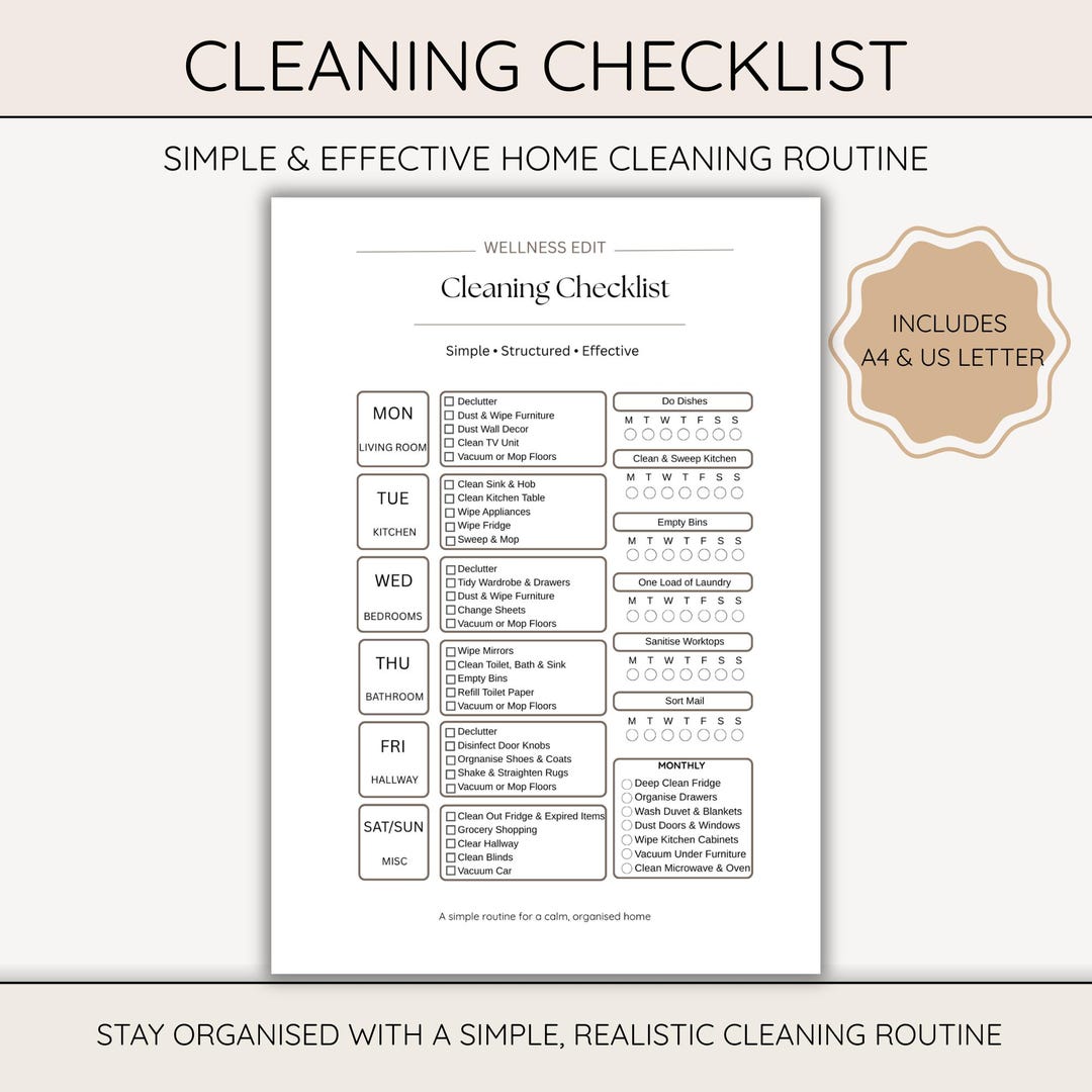 Cleaning Checklist Printable Weekly Home Planner Chore Chart PDF Simple ...