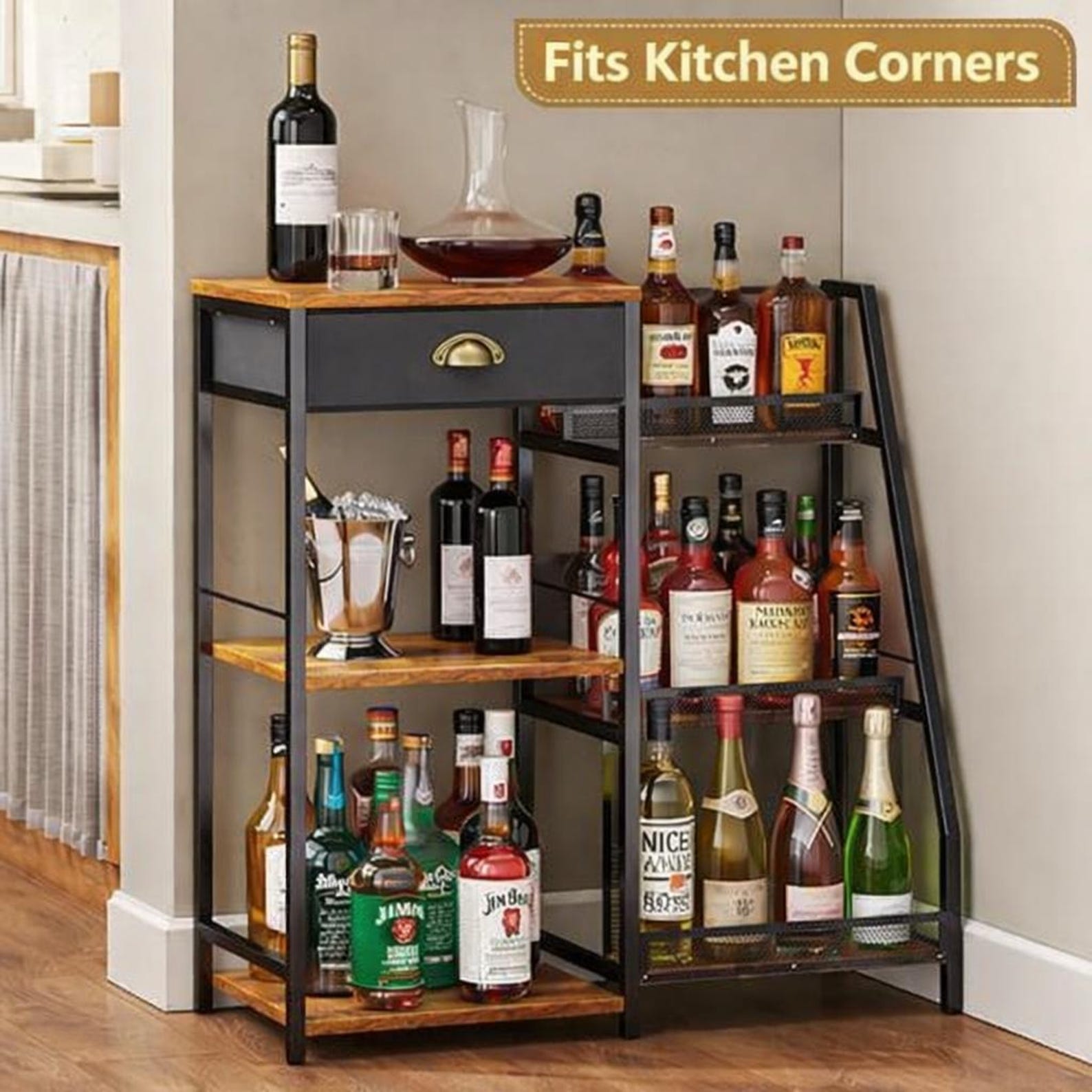3-tier Liquor Cabinet Bar With Drawer, Wine Rack Shelf, Mini Bar for ...
