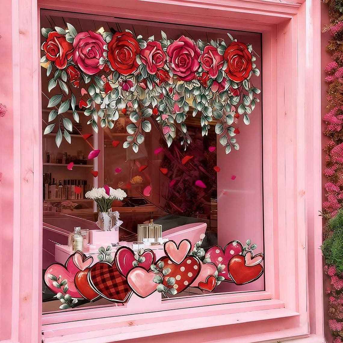 Valentine’s Day Window Clings Set, Rose Vine & Heart Hanging Stickers ...