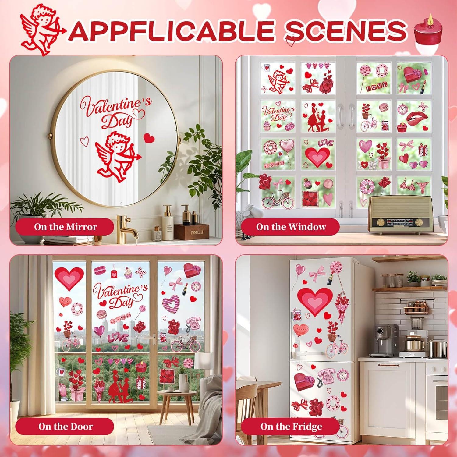 Valentine Window Clings Set, Red & Pink Heart Stickers for Home Office ...