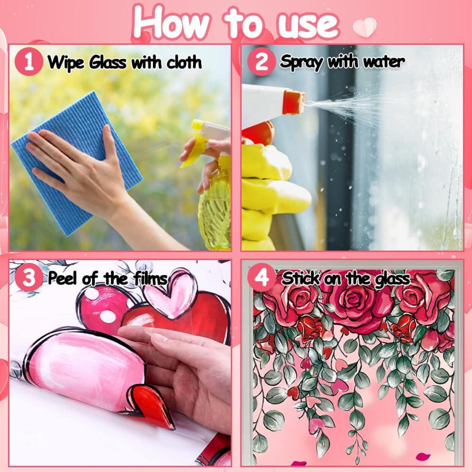 Valentine’s Day Window Clings Set, Rose Vine & Heart Hanging Stickers ...