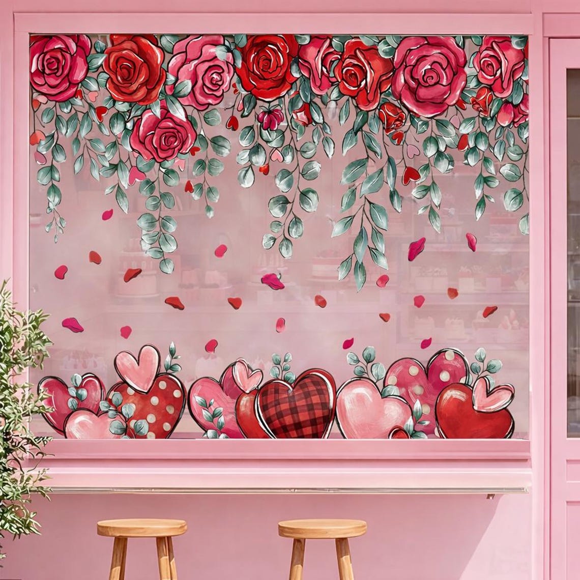 Valentine’s Day Window Clings Set, Rose Vine & Heart Hanging Stickers ...