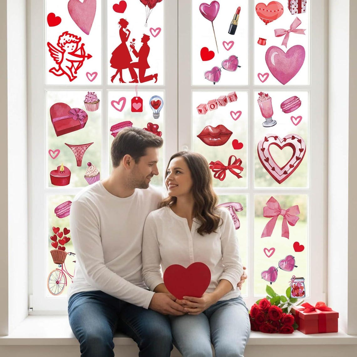 Valentine Window Clings Set, Red & Pink Heart Stickers for Home Office ...