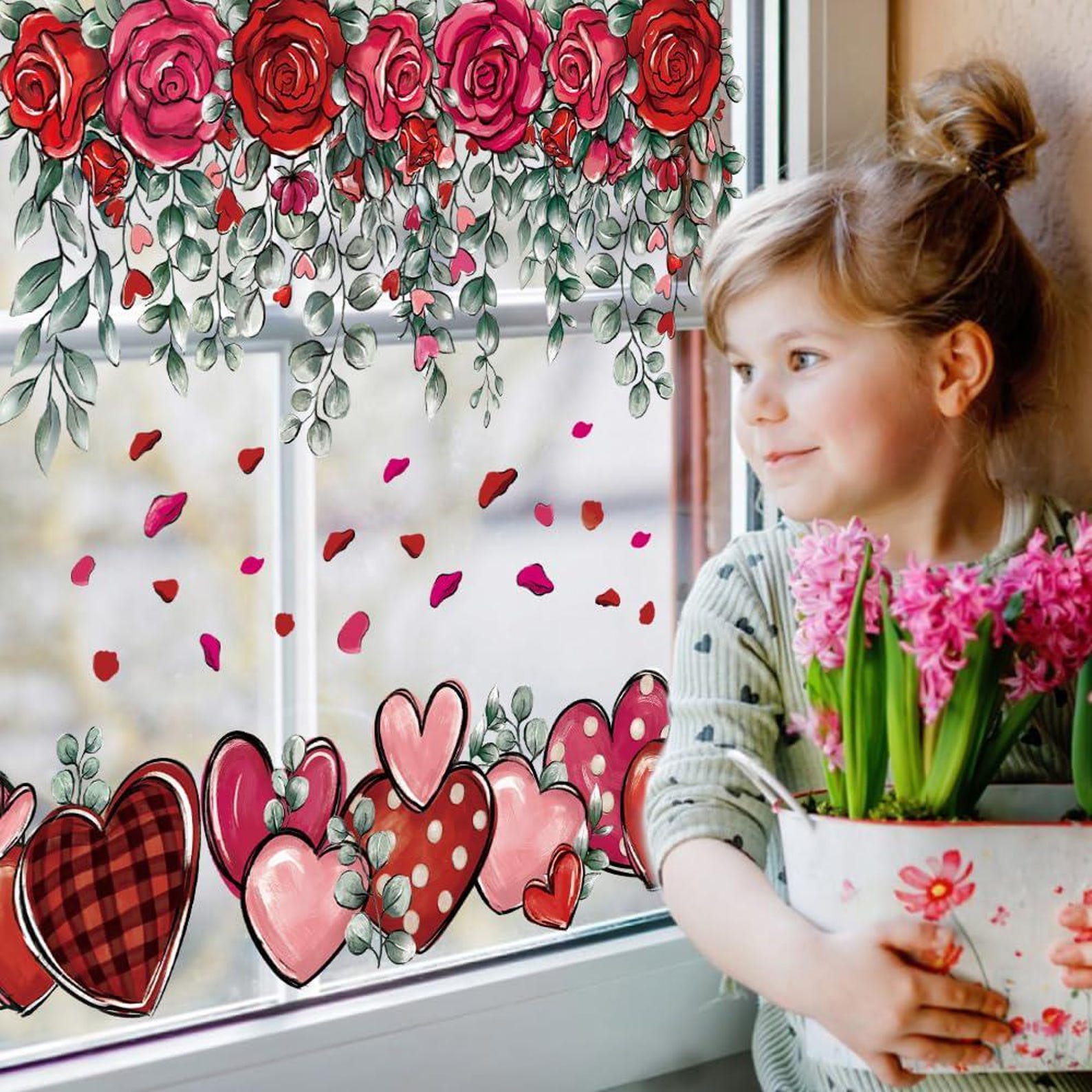 Valentine’s Day Window Clings Set, Rose Vine & Heart Hanging Stickers ...