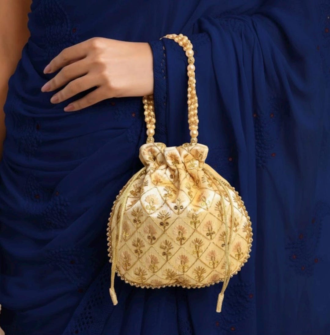 Blue Potli Bag Golden Indian Wedding Favors | Bridal Gift Bags | Mehndi ...
