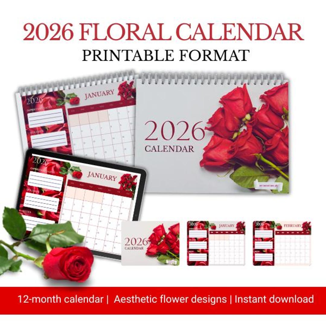 2026 Red Roses Calendar Printable, Elegant Floral Wall Calendar ...