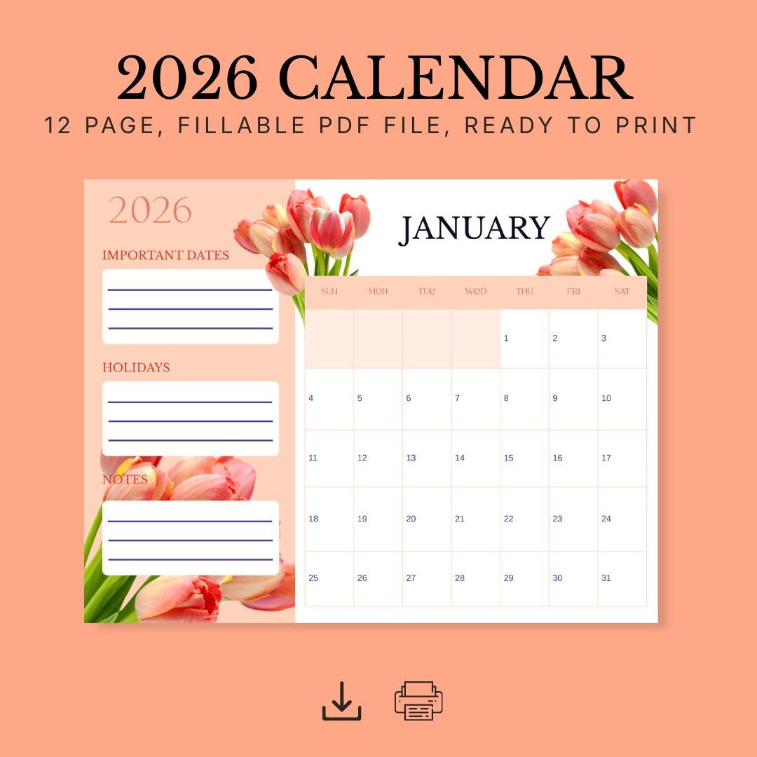 2026 Tulip Floral Calendar – Printable Monthly Wall Planner - Etsy