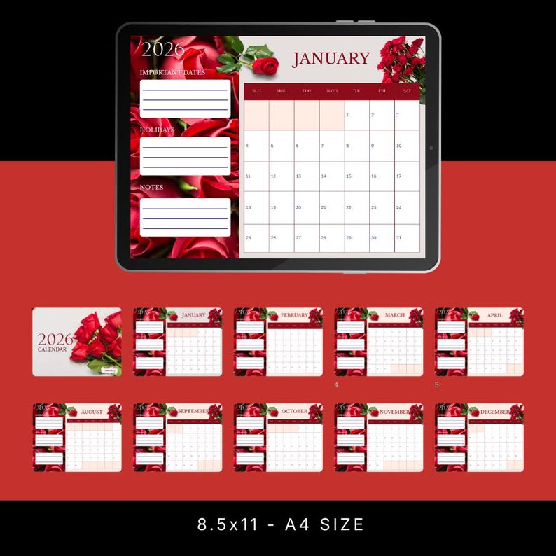 2026 Red Roses Calendar Printable, Elegant Floral Wall Calendar ...