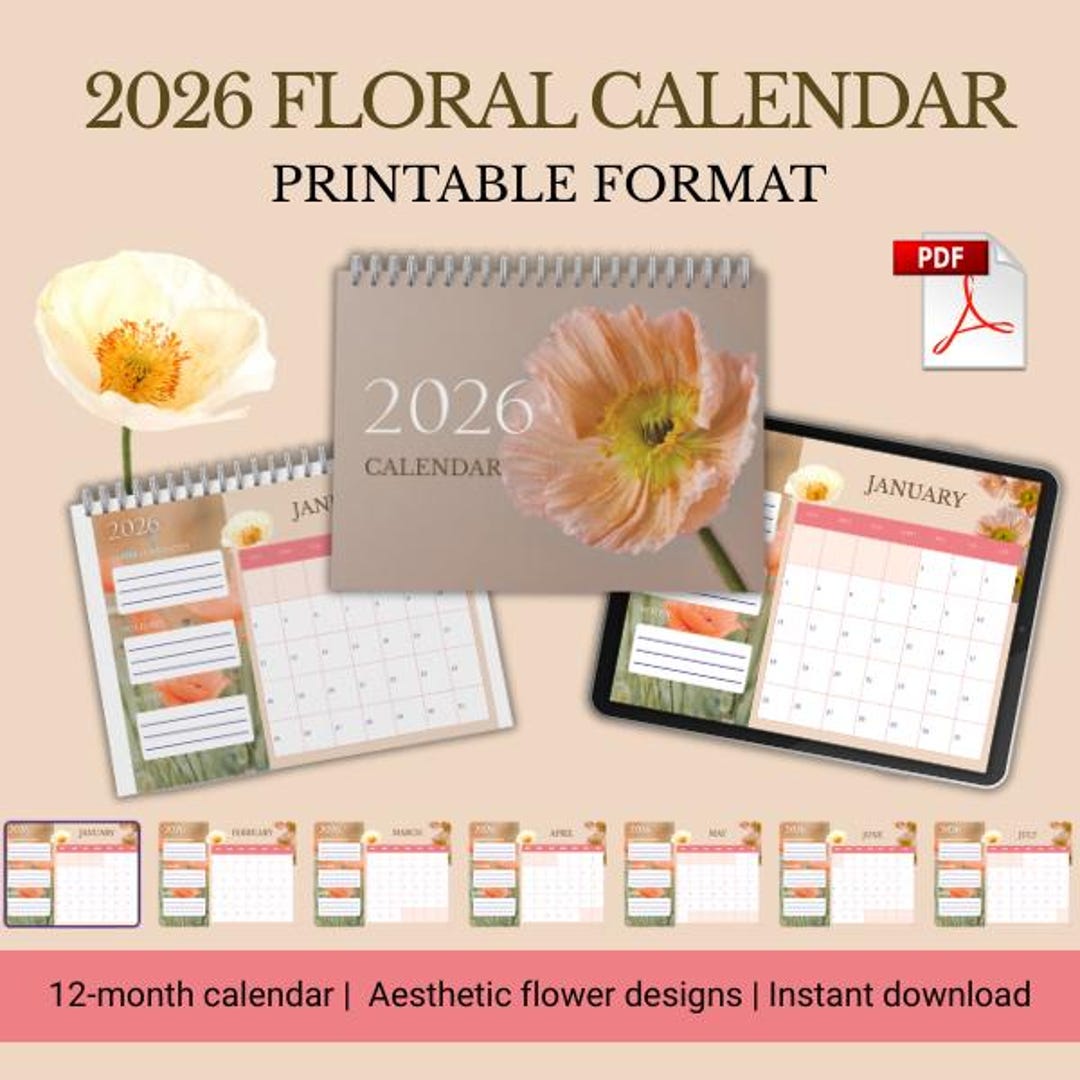 2026 Poppy Calendar Printable, Floral Monthly Planner, Soft Orange ...