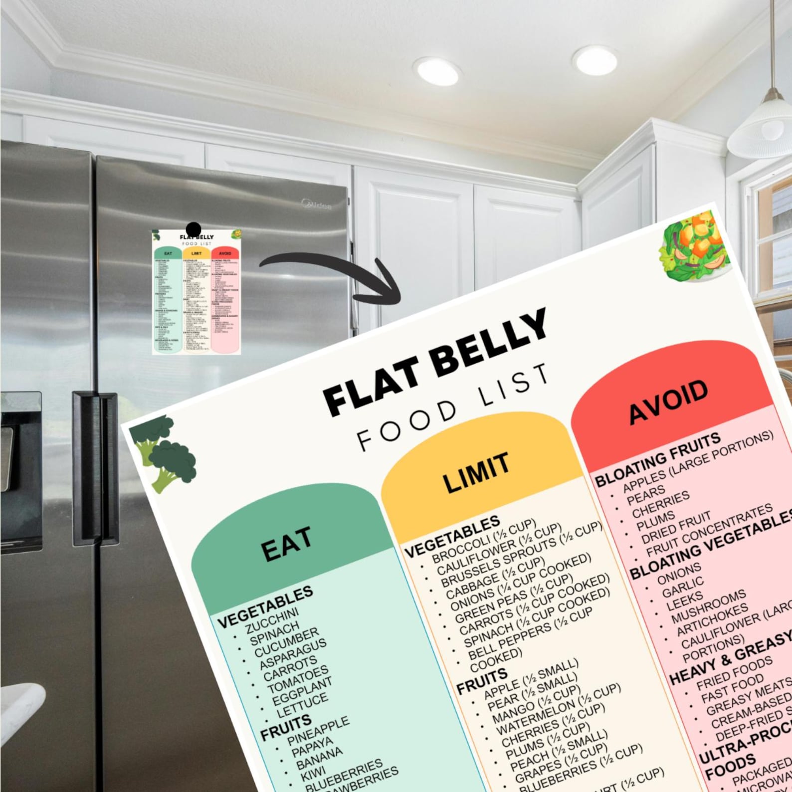 Flat Belly Food List Printable | Eat, Limit, Avoid Guide for Gas ...