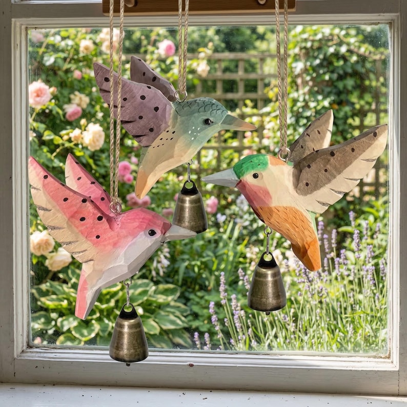 Wooden Bird Wind Chime Hand Carved Rustic Nature Hanging Decor for ...