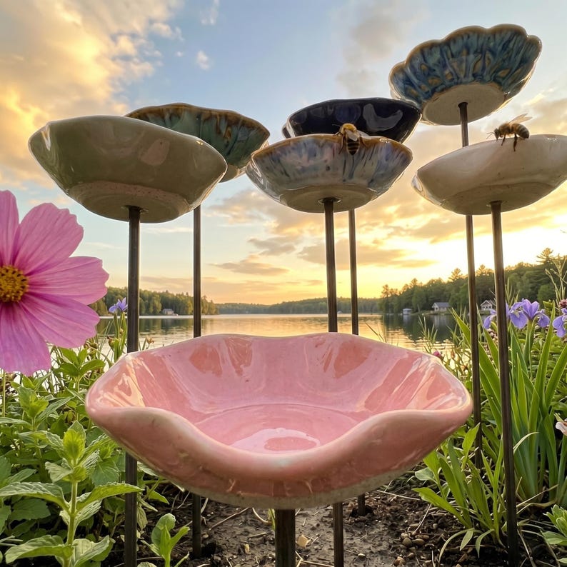 Handmade Ceramic Flower Bee Watering Station Pollinator Garden Stake ...