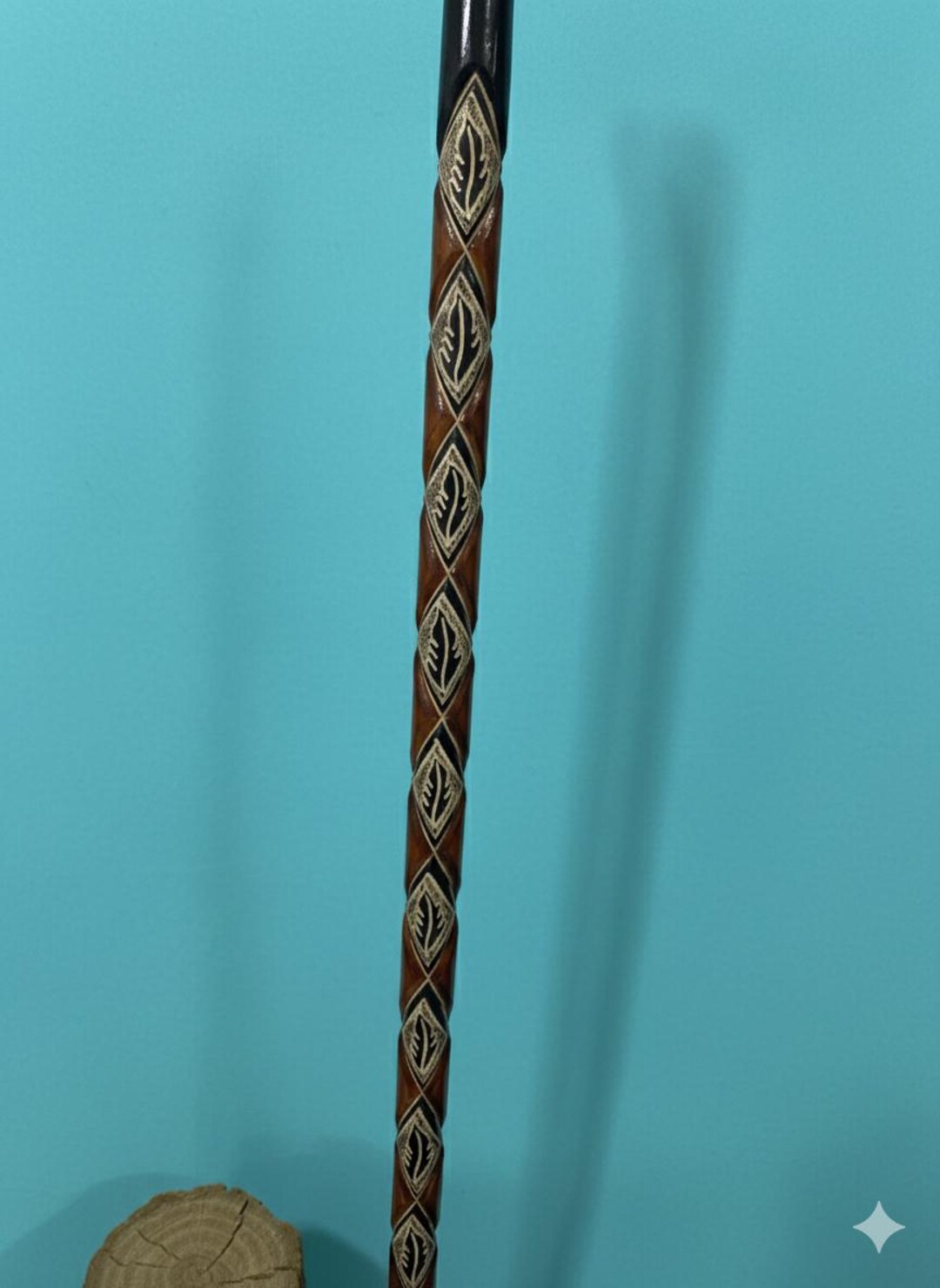 Hand Carved Wooden Cane , Double Sided Floral , Geometric Design ...