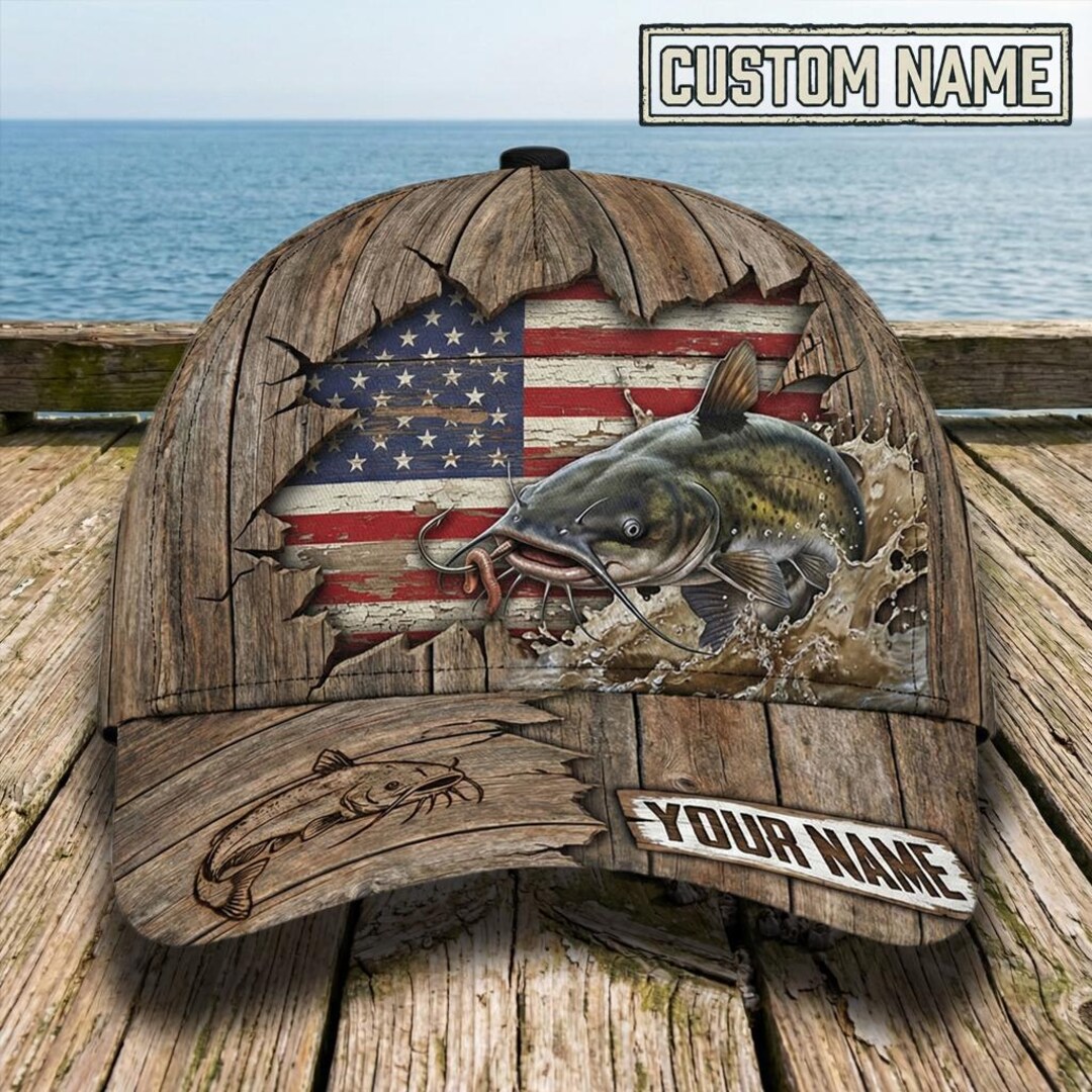 Personalized Catfish Fishing Hat, Custom Name Fisherman Cap, American ...