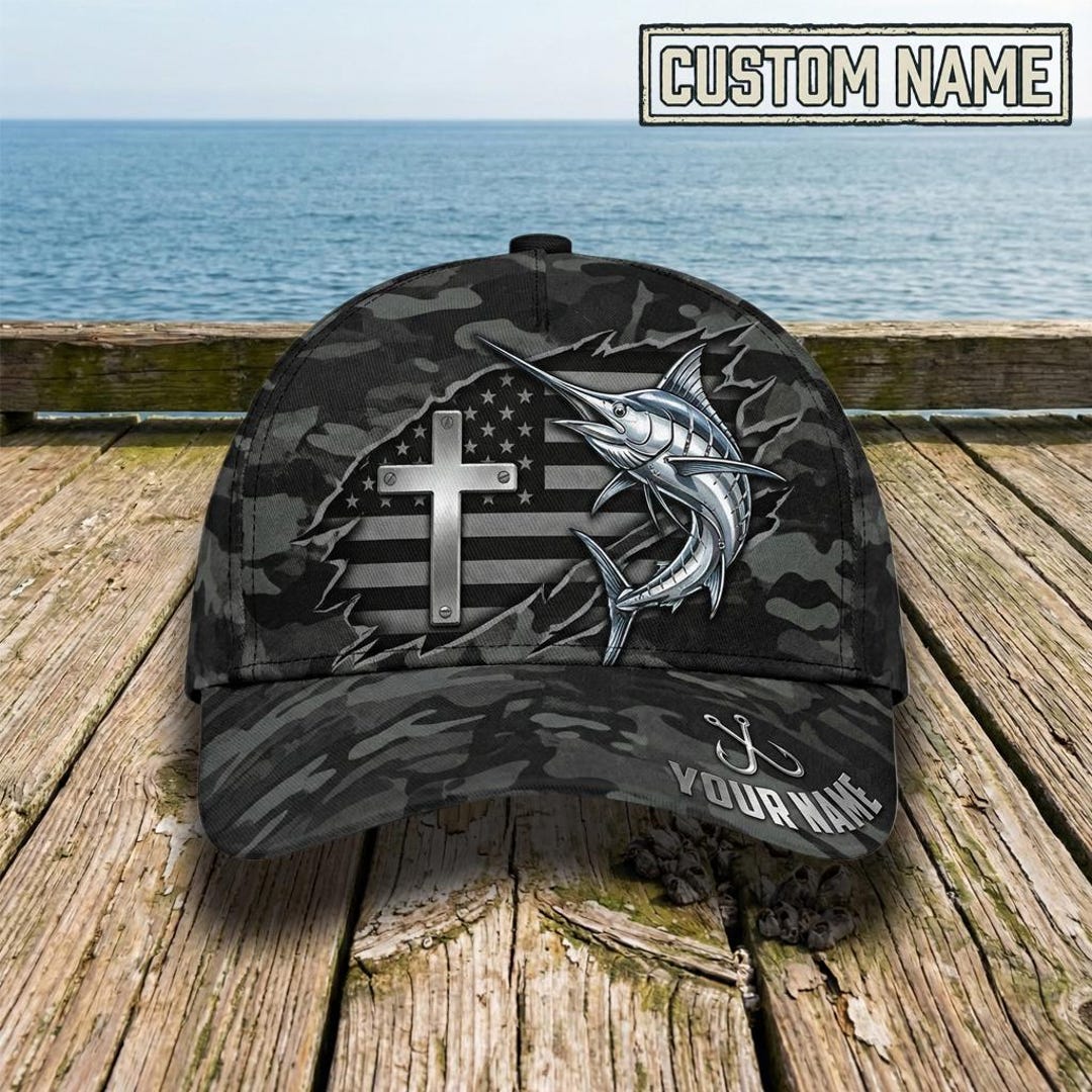 Personalized Marlin Fishing Hat - Custom Name Blue Cap - Christian ...