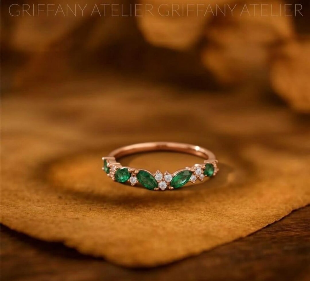 Marquise Emerald Wedding Band Rose Gold Green Stone Ring Vintage Leaf ...