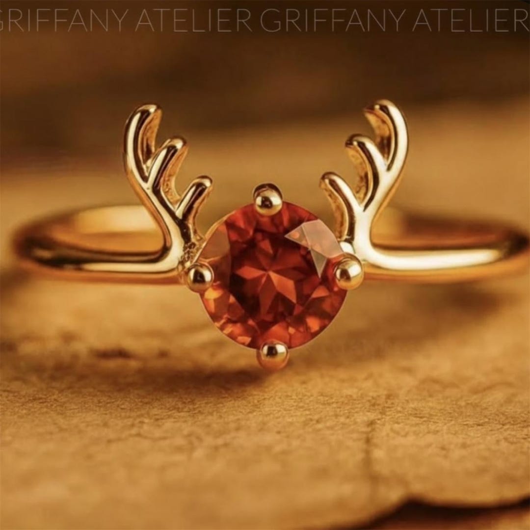Gold Deer Antler Ring With Orange Garnet, Woodland Engagement Ring ...