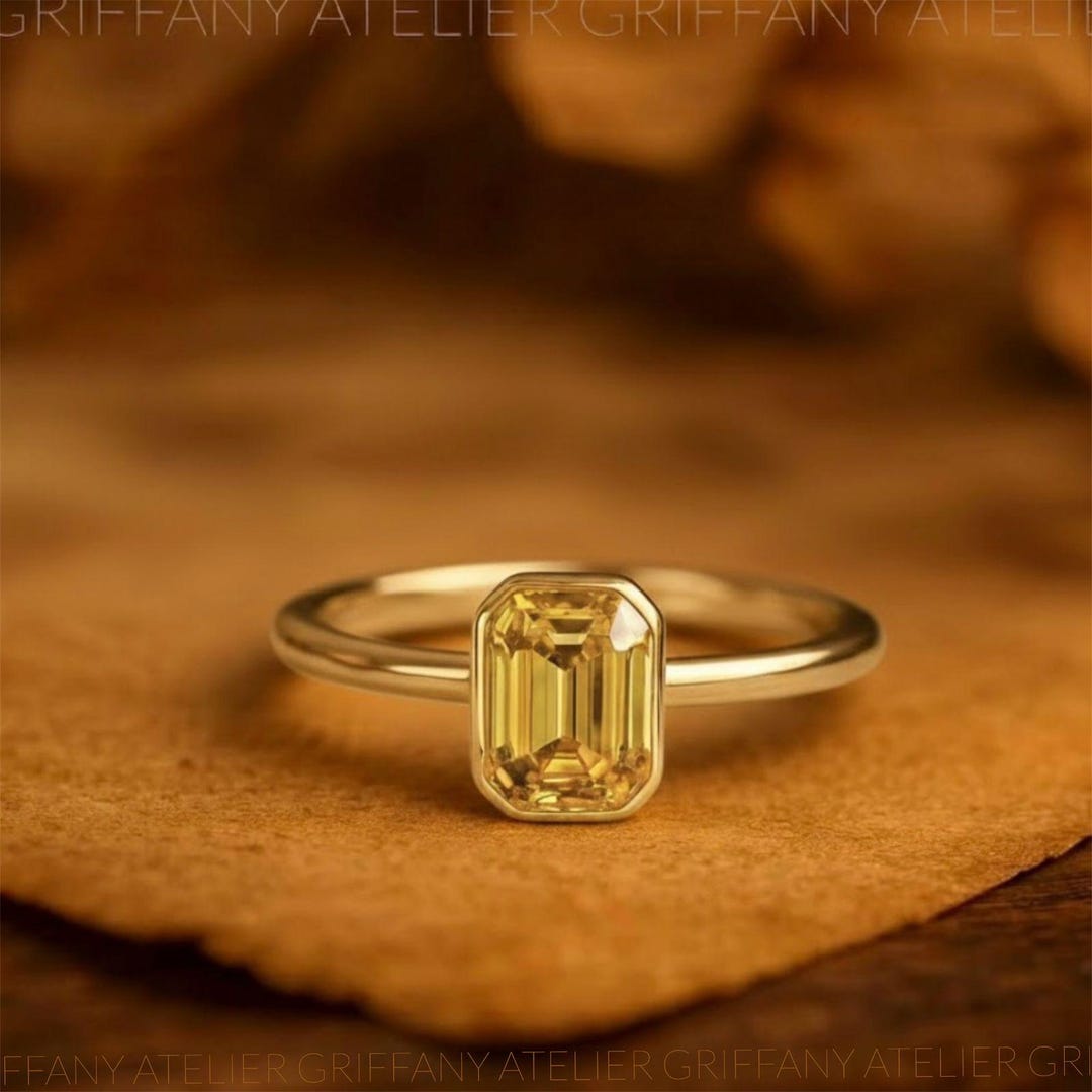 Yellow Sapphire Emerald Cut Ring 14K Gold • East West Bezel Set ...