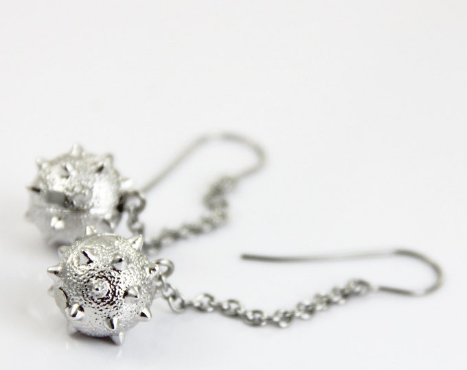 Spike Ball Earrings - Neutral Silver Tone Metal Dangle Earrings ...