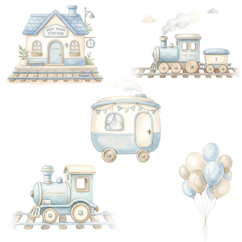 Blue Watercolor Train on Tracks Clipart, Digital Download for Nursery ...