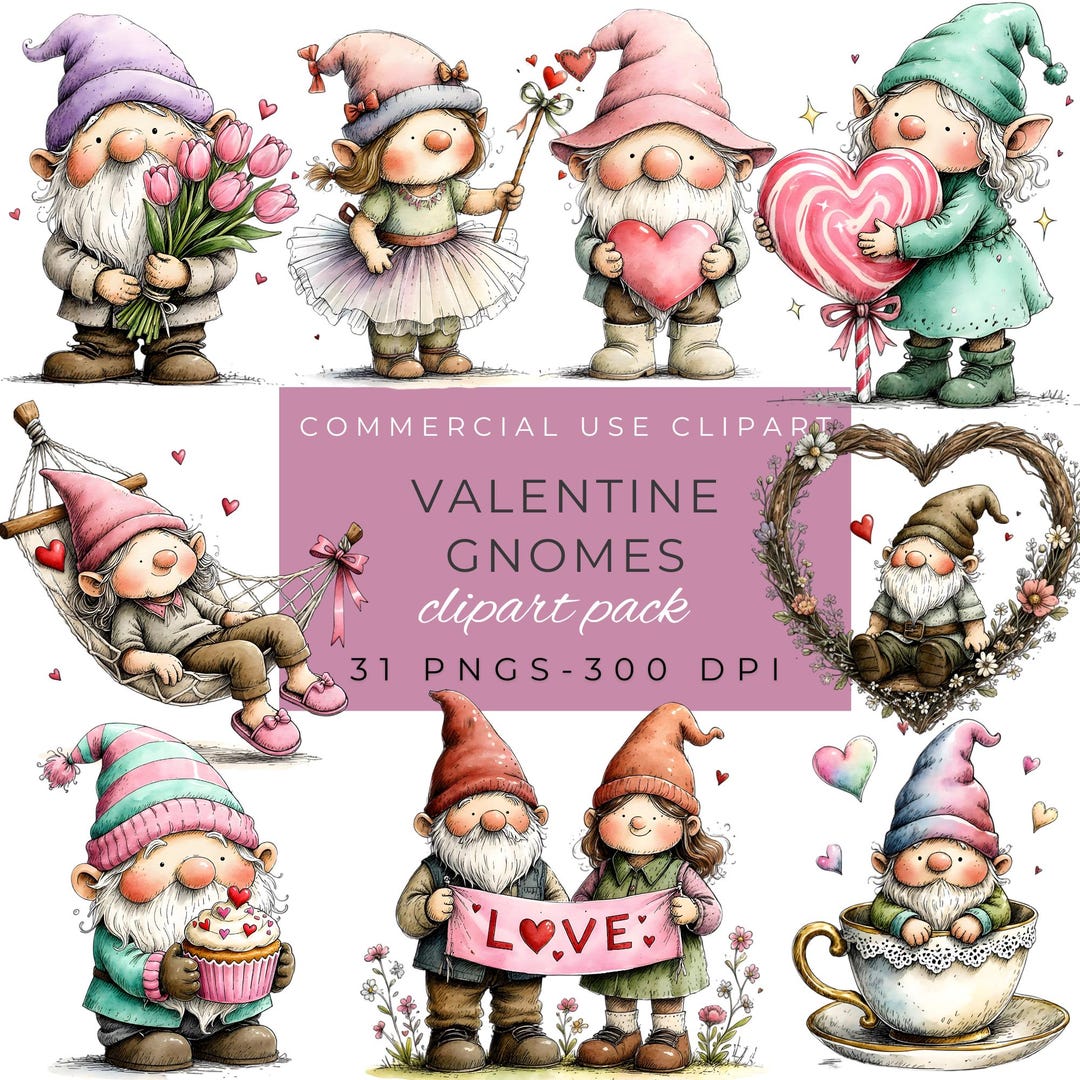 Gnome Valentine Clipart – Cute Love Gnomes PNG – Whimsical Heart ...