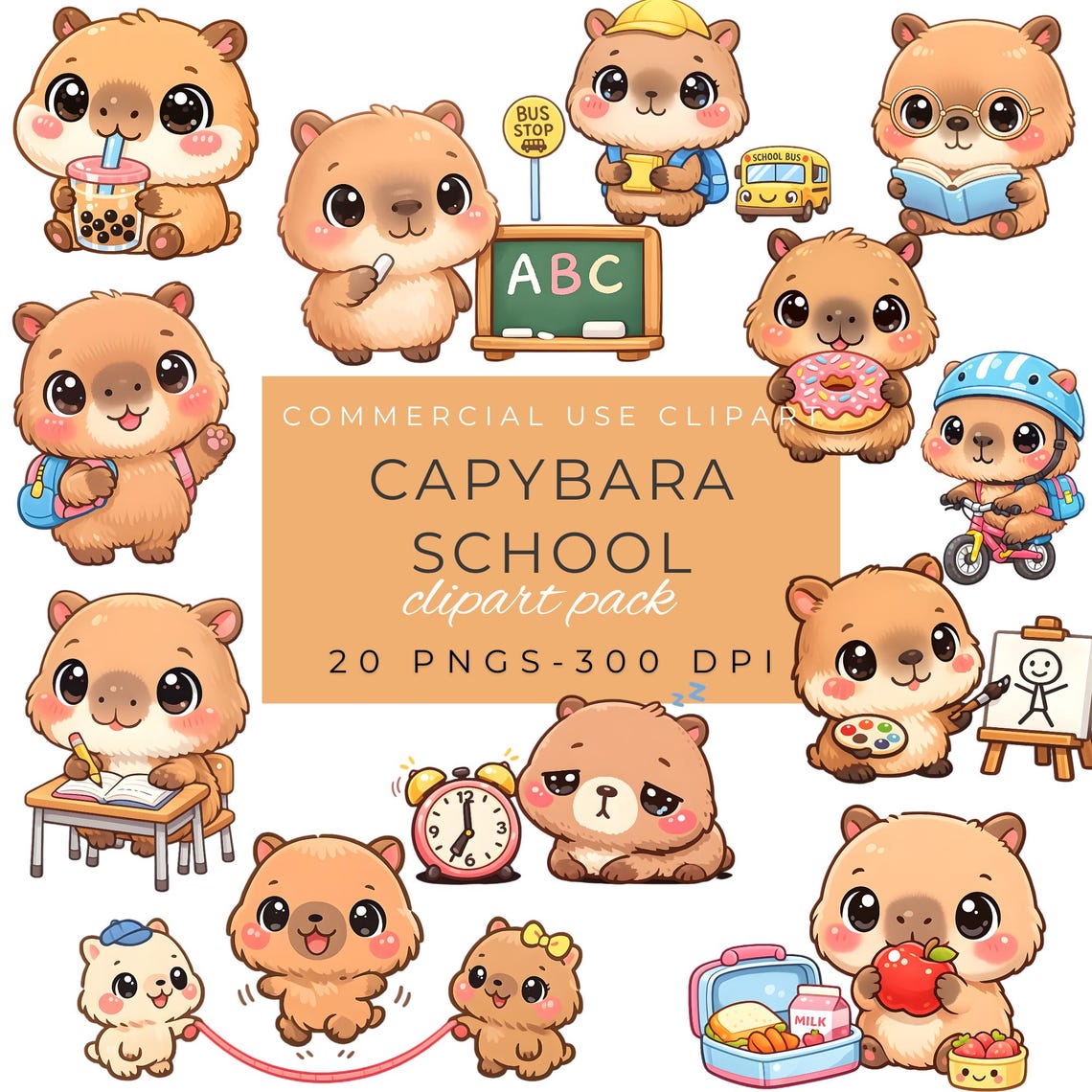 Capybara Clipart for School, Cute Kawaii Animal Digital Download, Kids ...