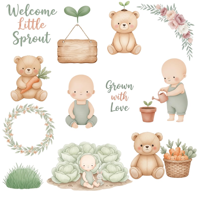 Locally Grown Baby Shower Clipart, Watercolor PNG Bundle, Farmers ...