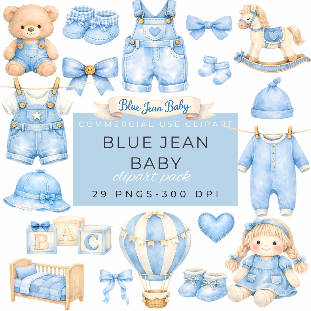 Blue Jean Baby Clipart Bundle - Denim Baby Shower Graphics - Baby ...