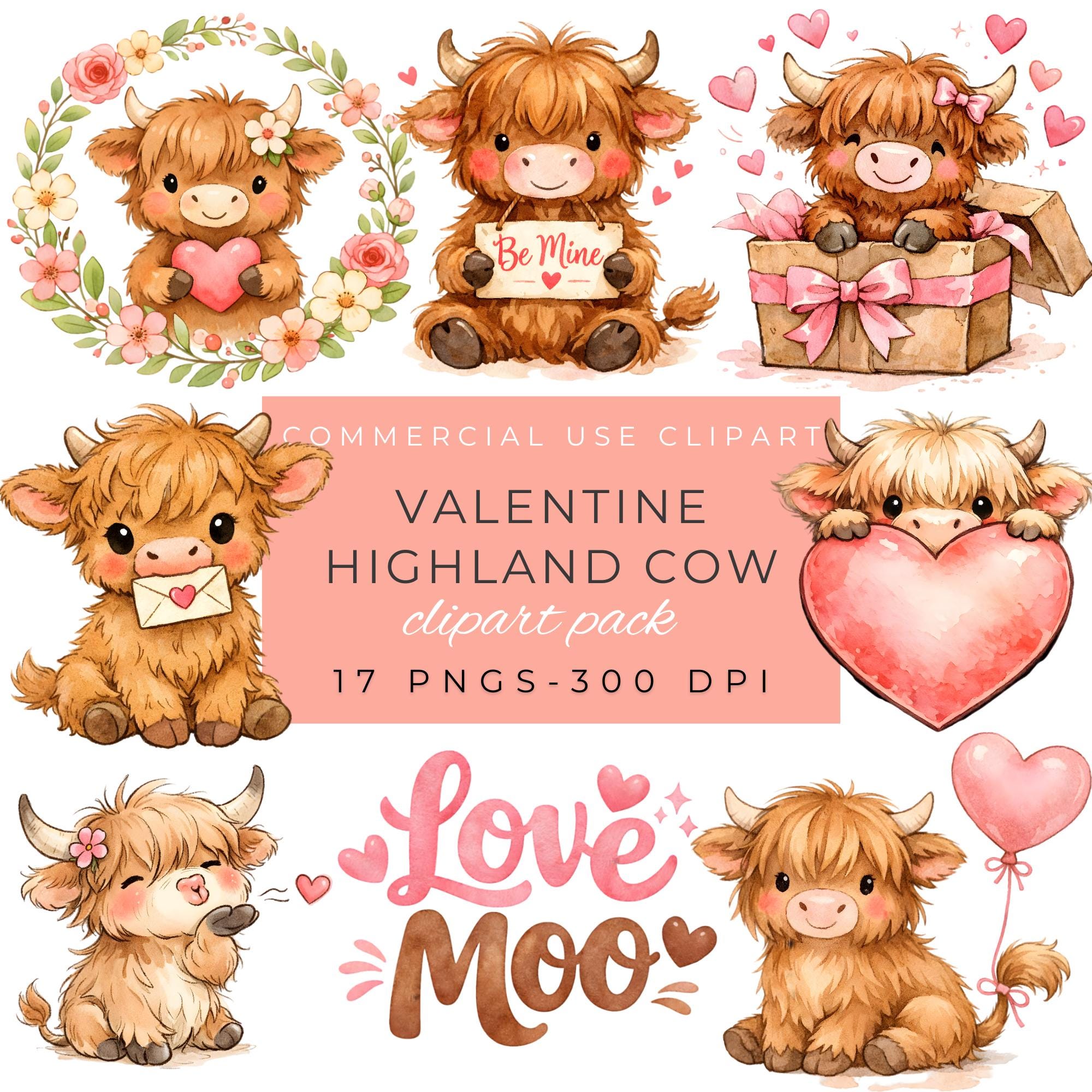 Valentine Highland Cow Clipart, Cute Watercolor Bundle, Digital ...
