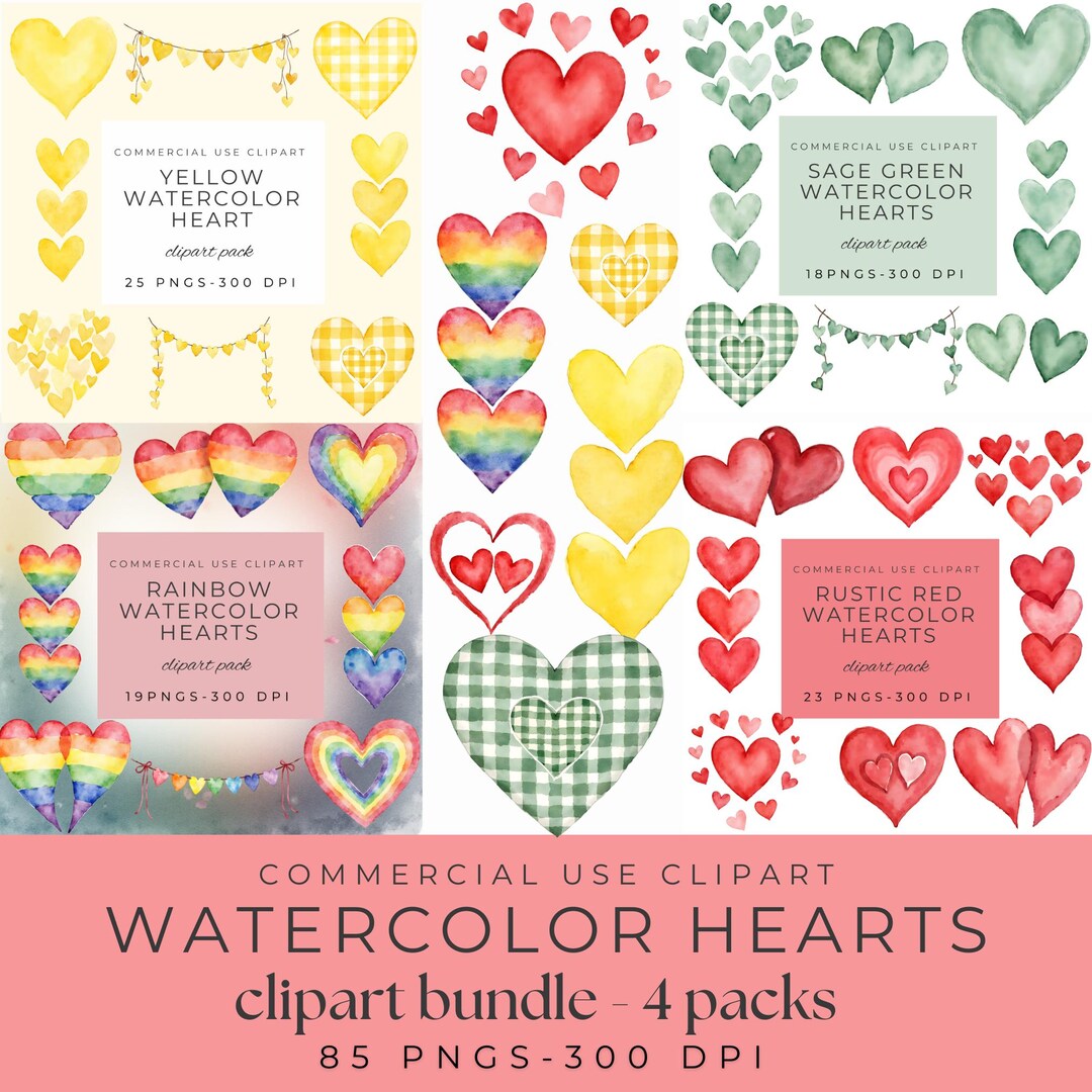 Watercolor Hearts Clipart Bundle, 85 Love Graphics, Perfect for DIY ...