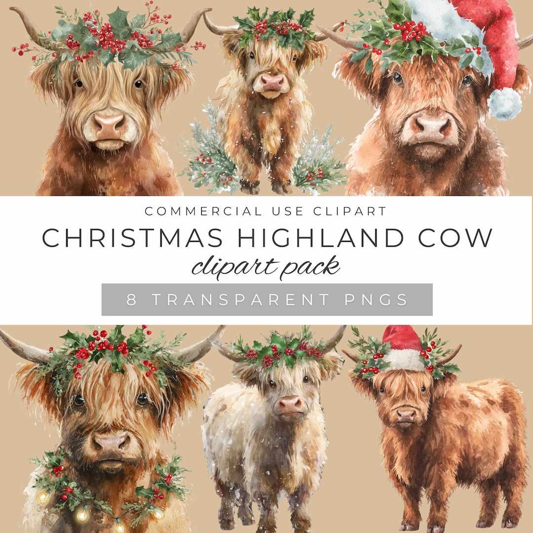 Christmas Highland Cow Clipart Pack | Watercolor Clipart | Digital ...