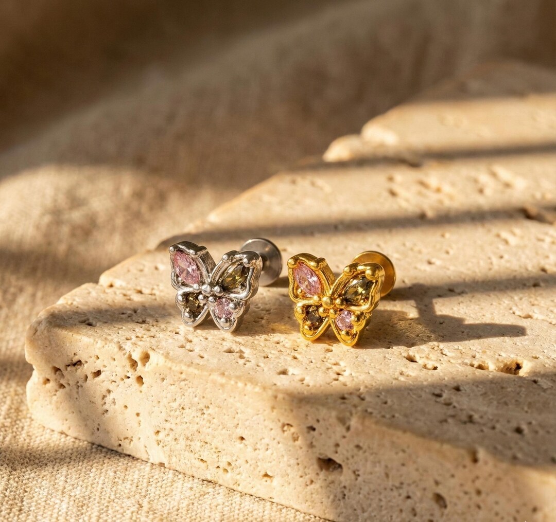 Butterfly Helix Cartilage Earring, Tiny Flat Back Labret Stud, Tragus ...