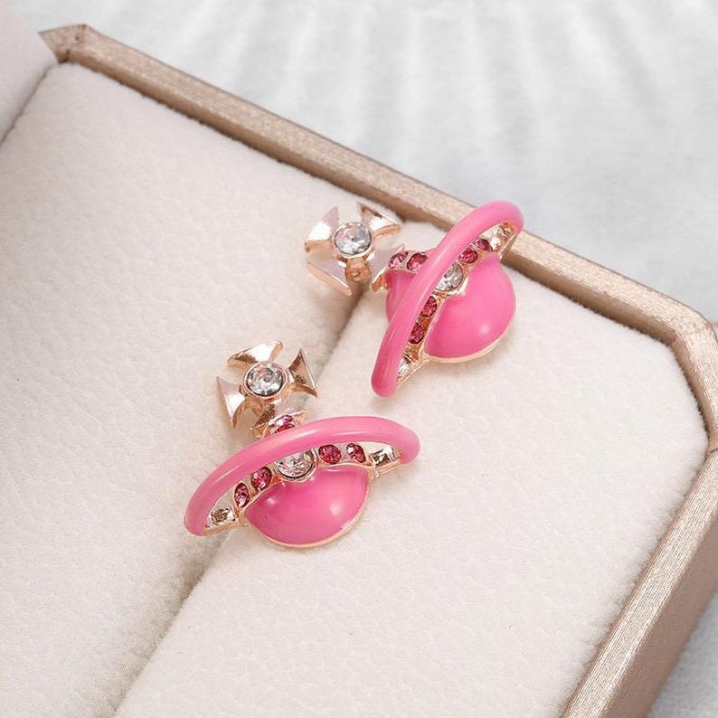Candy Pink Orbit Stud Earrings — Glossy Enamel & Crystal Spark Edition ...