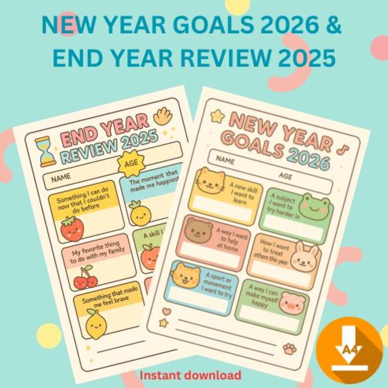 Kids New Year Goals Worksheet | Kawaii Pastel Printable (digital ...