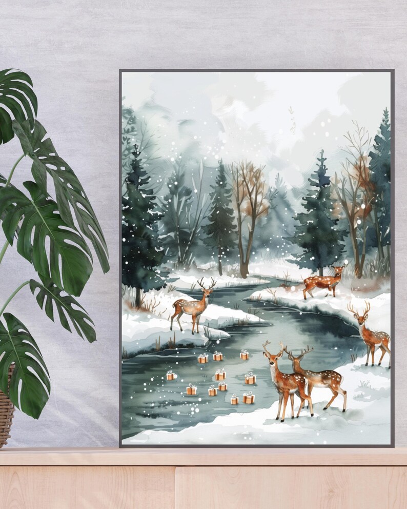 Snowy Christmas River Art – Peaceful Deer Forest Scene, Winter Nature ...