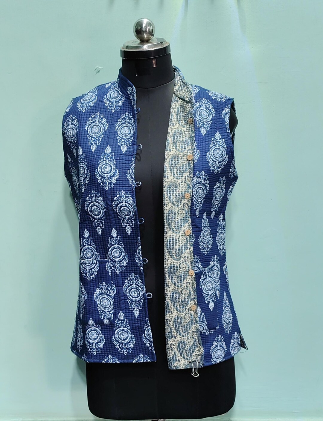 Cotton Reversible Kantha Quilted Vest, Hand Block Print Cotton Jacket ...