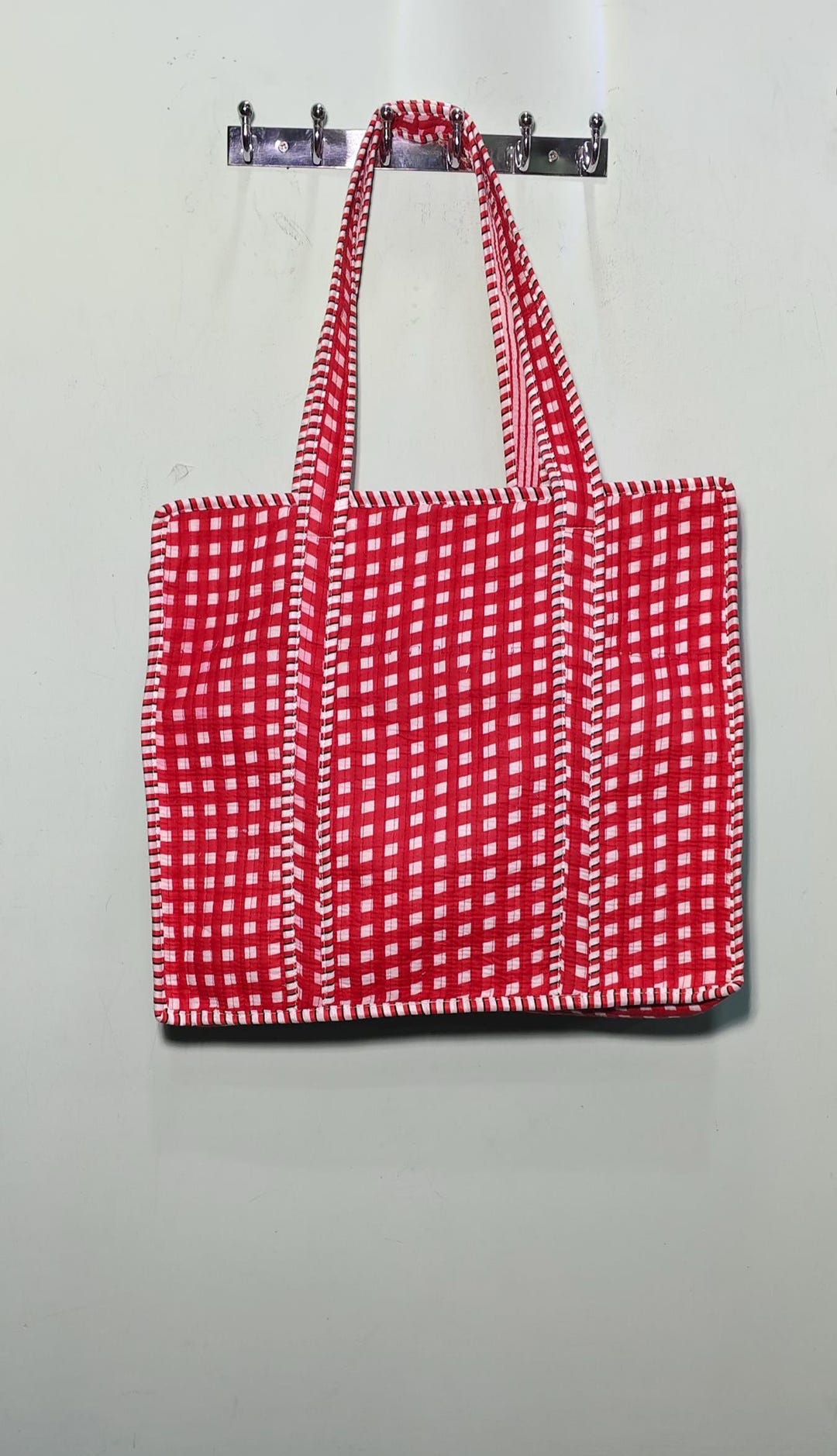 Red Check Print Cotton Tote Bag, Handmade Cotton Tote Bag, Quilted ...