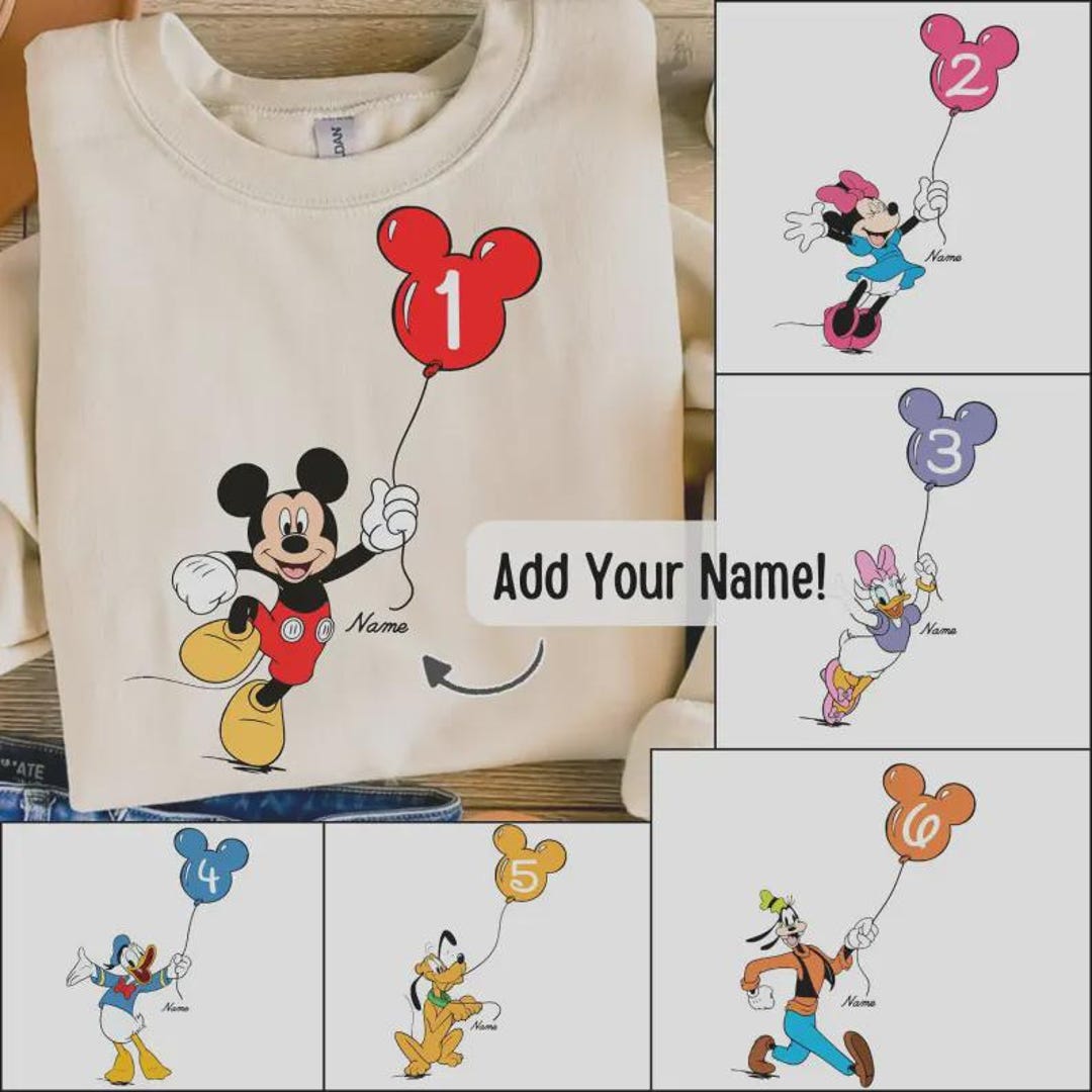 Custom Kids Toddler Name Age Mikey & Friends With Balloon Shirt ...
